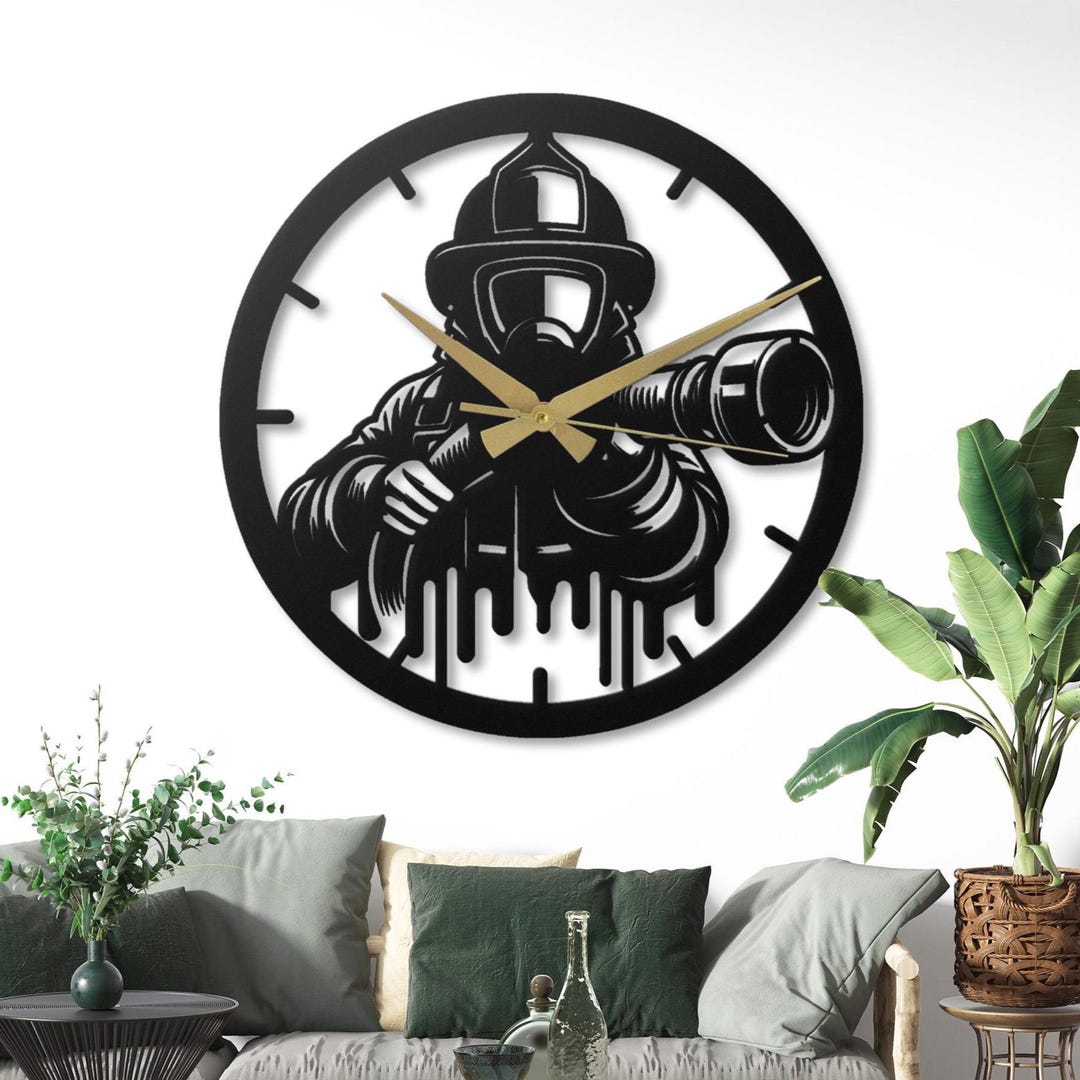 Firefighter Metal Wall Clock, Fireman Gift Art, Hero Silhouette Decor ...