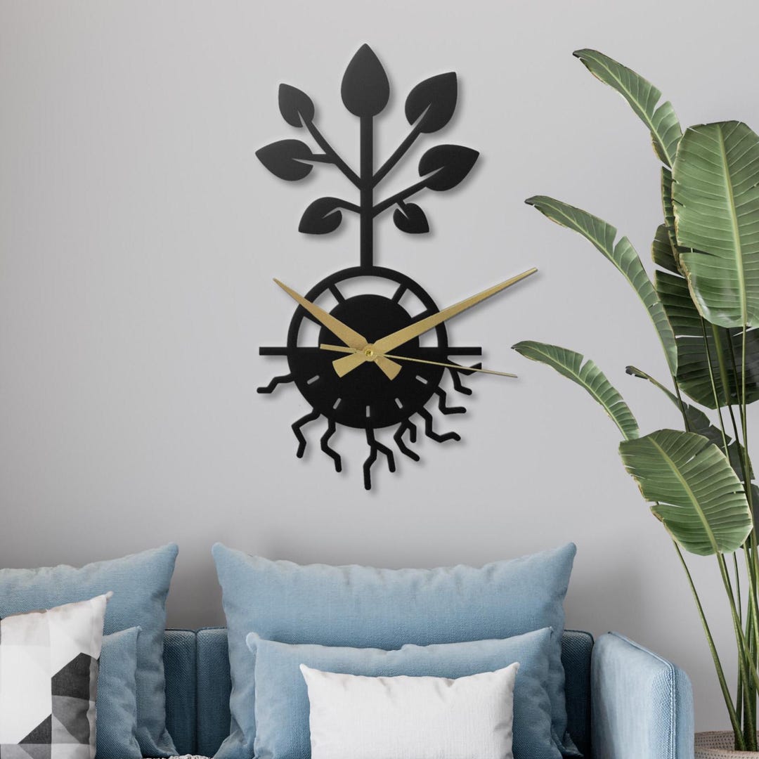 Metal Wall Art Tree of Life Clock With Roots Black Modern Silent Wall ...
