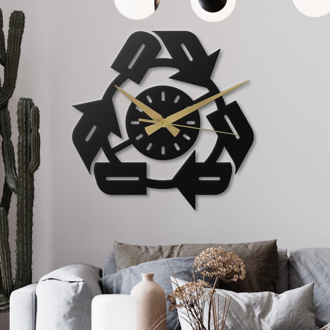 Recycling Symbol Metal Wall Clock Black Silent Eco Friendly Decor ...