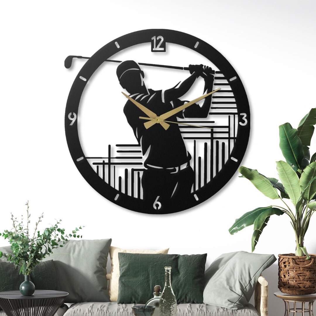 Golf Swing Metal Wall Clock Black Silent Golfer Wall Art Decor Man Cave ...