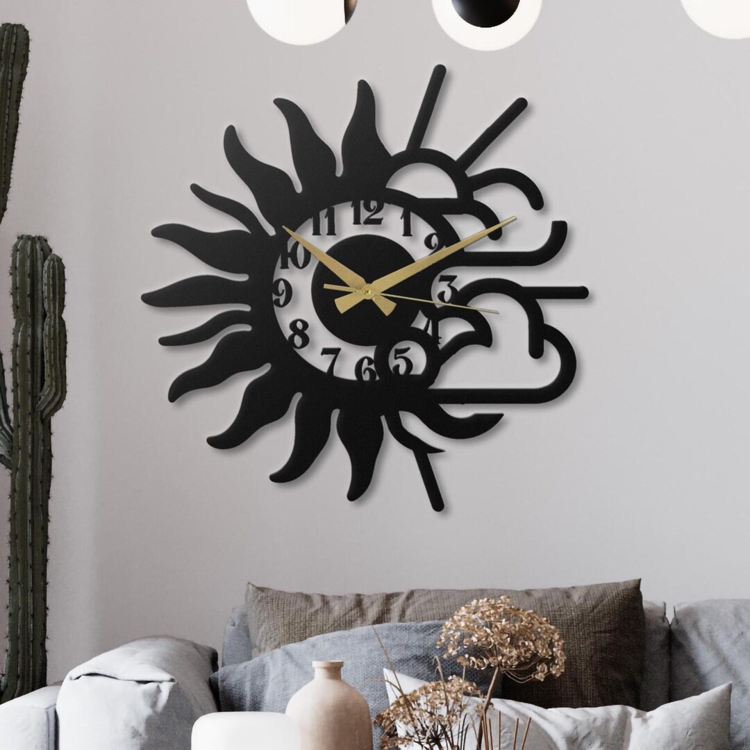 Metal Wall Clock Sun and Clouds Design Celestial Wall Art Boho Decor ...
