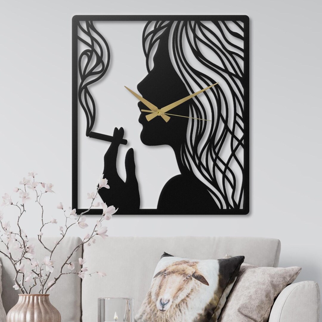 Smoking Woman Silhouette Metal Wall Clock Black Square Silent Modern ...
