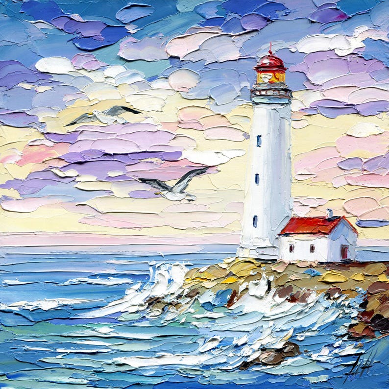 Original Impasto Lighthouse Oil Painting, Textured Coastal Art, Palette ...