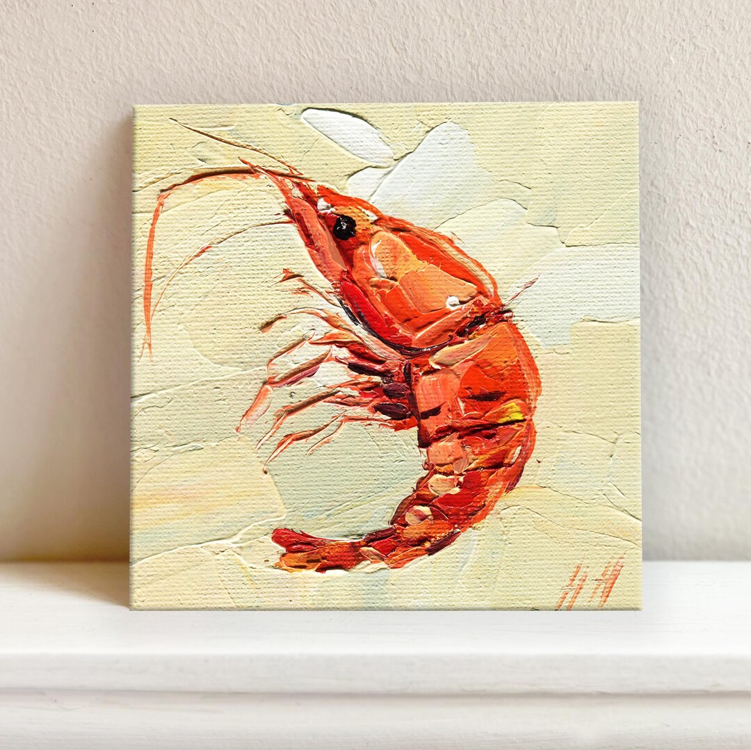 Shrimp Original Oil Painting Seafood Art Impasto Red Crustacean Modern ...