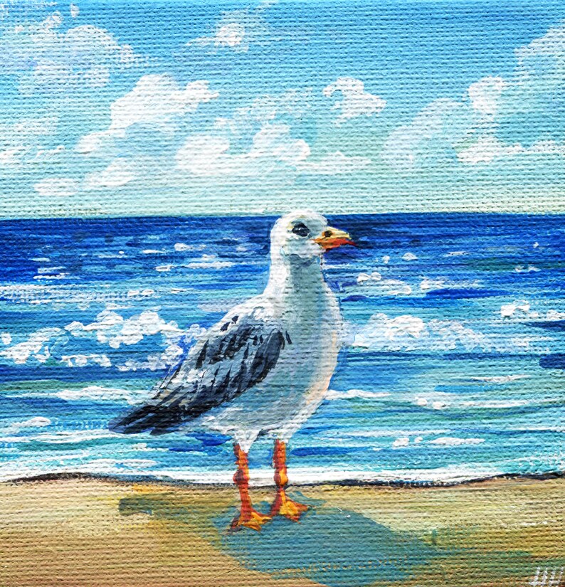 Seagull on Beach Painting - Original Ocean Lover Art | Cozy Beach House ...