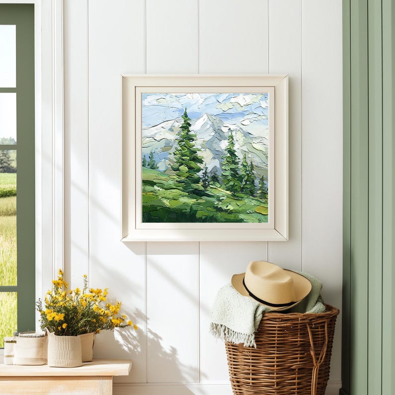 Original Mountain Landscape Oil Painting, Pine Forest Art, Textured ...