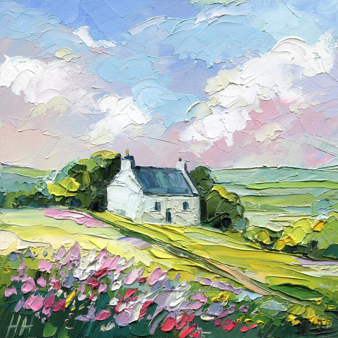 Impasto Irish Cottage Oil Painting: Flower Field Landscape, Rustic Wall ...