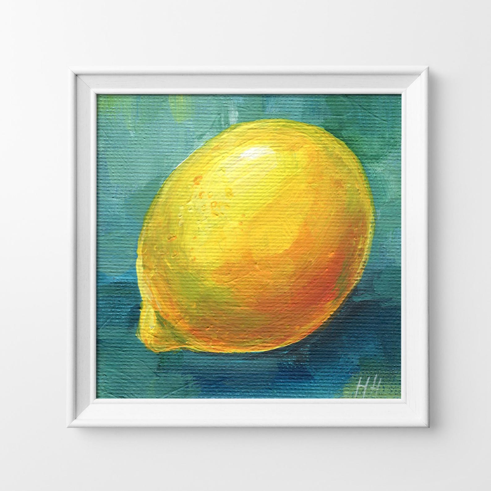 Miniature Lemon Oil Painting: Kitchen Still Life Citrus Art, 4x4 Canvas ...