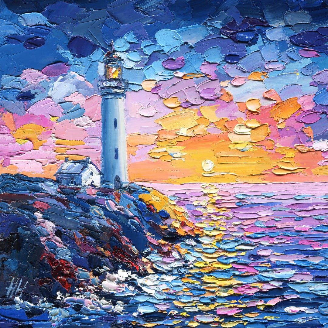 Lighthouse Sunset Original Oil Painting: Textured Impasto Seascape Art ...