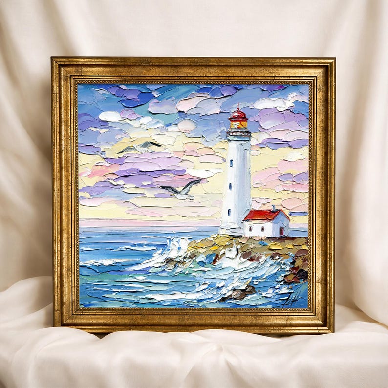 Original Impasto Lighthouse Oil Painting, Textured Coastal Art, Palette ...