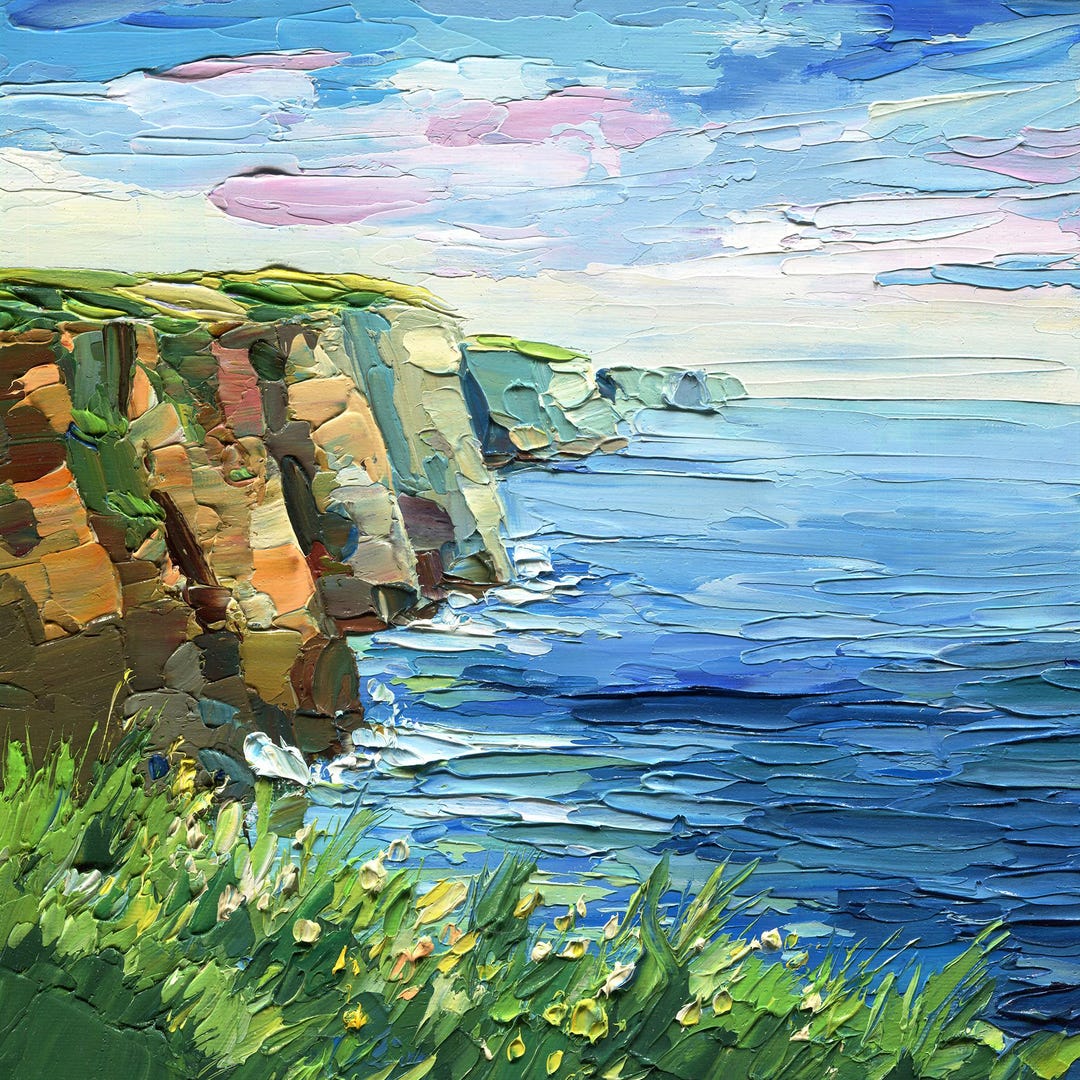 Impasto Seascape Oil Painting: Textured Rugged Irish Cliffs and Vibrant ...
