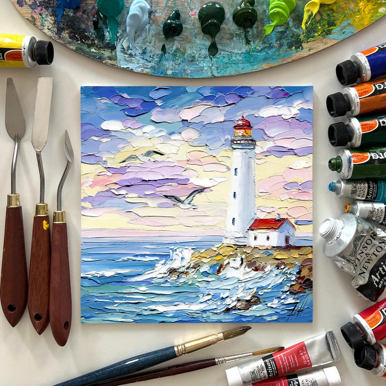 Original Impasto Lighthouse Oil Painting, Textured Coastal Art, Palette ...