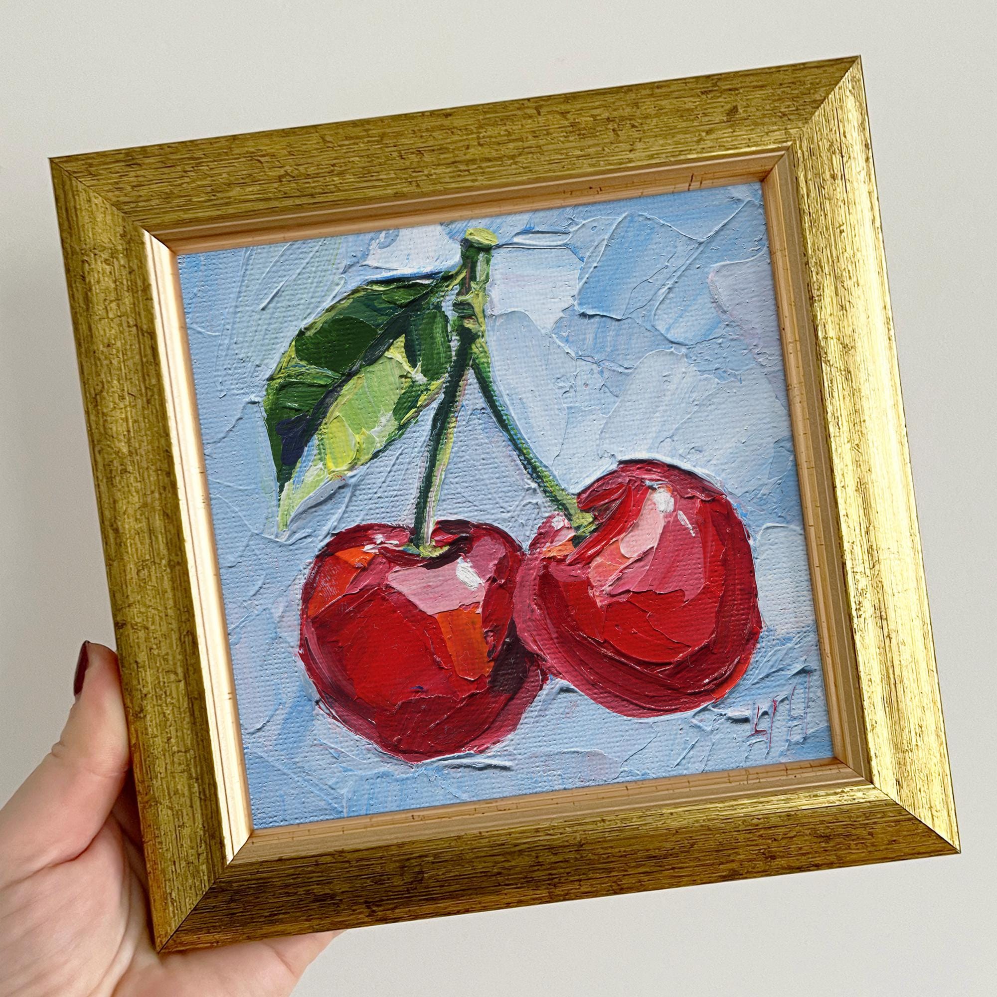 Original Cherry Painting Fruit: Small Kitchen Wall Art Texture Impasto ...