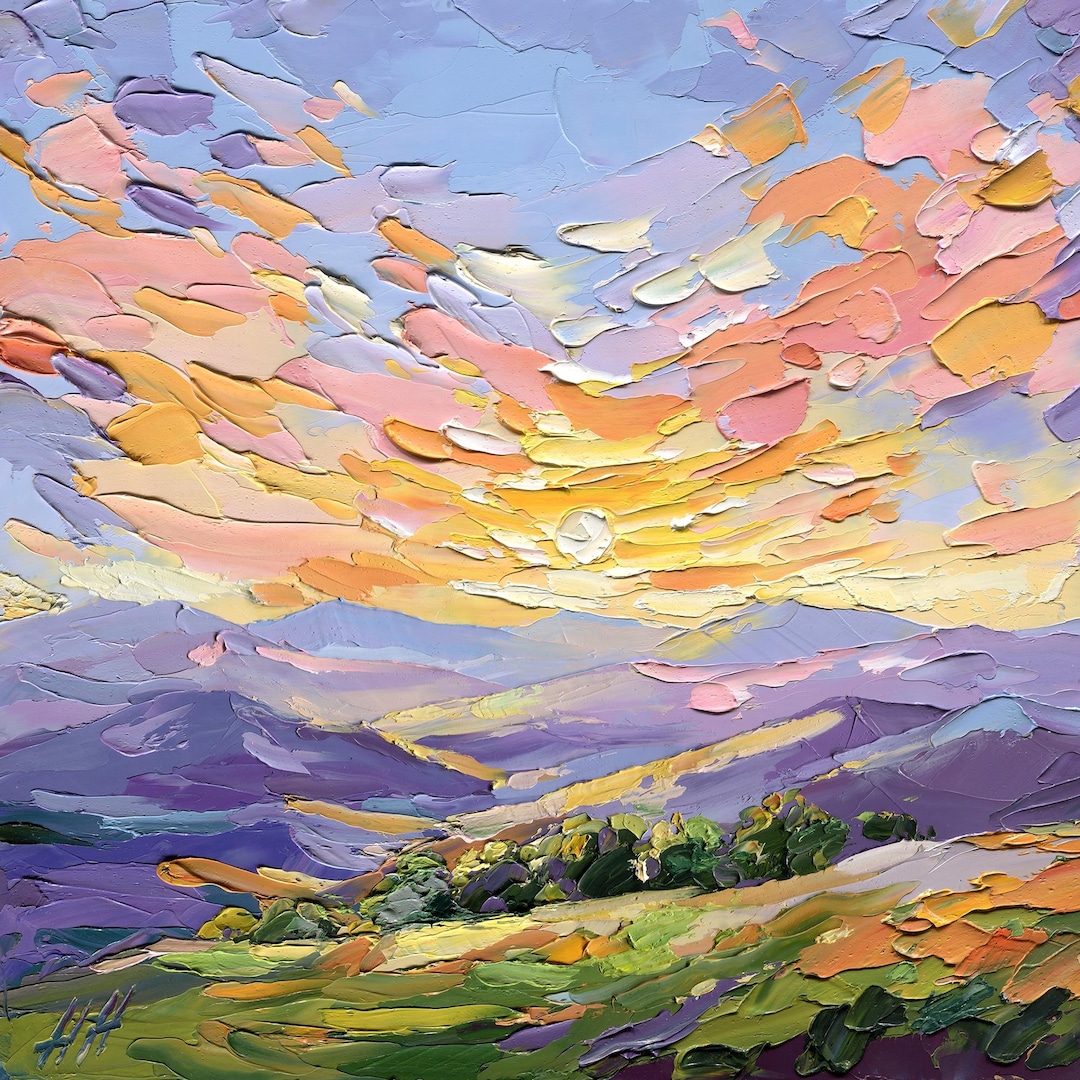 Original Oil Painting Mountain Sunrise Textured Impasto Landscape original-oil-painting-mountain-sunrise-textured-impasto-landscape
