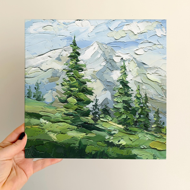 Original Mountain Landscape Oil Painting, Pine Forest Art, Textured ...