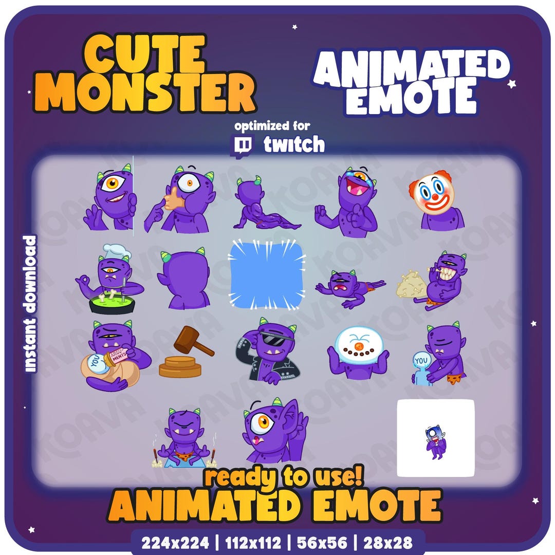 Twitch Animated Monster Emotes Pack, Purple Cartoon Avatars (instant ...