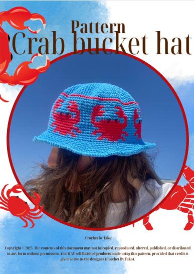 Crab Bucket Hat Crochet Pattern PDF, Coastal Summer, Colorwork - Easy ...