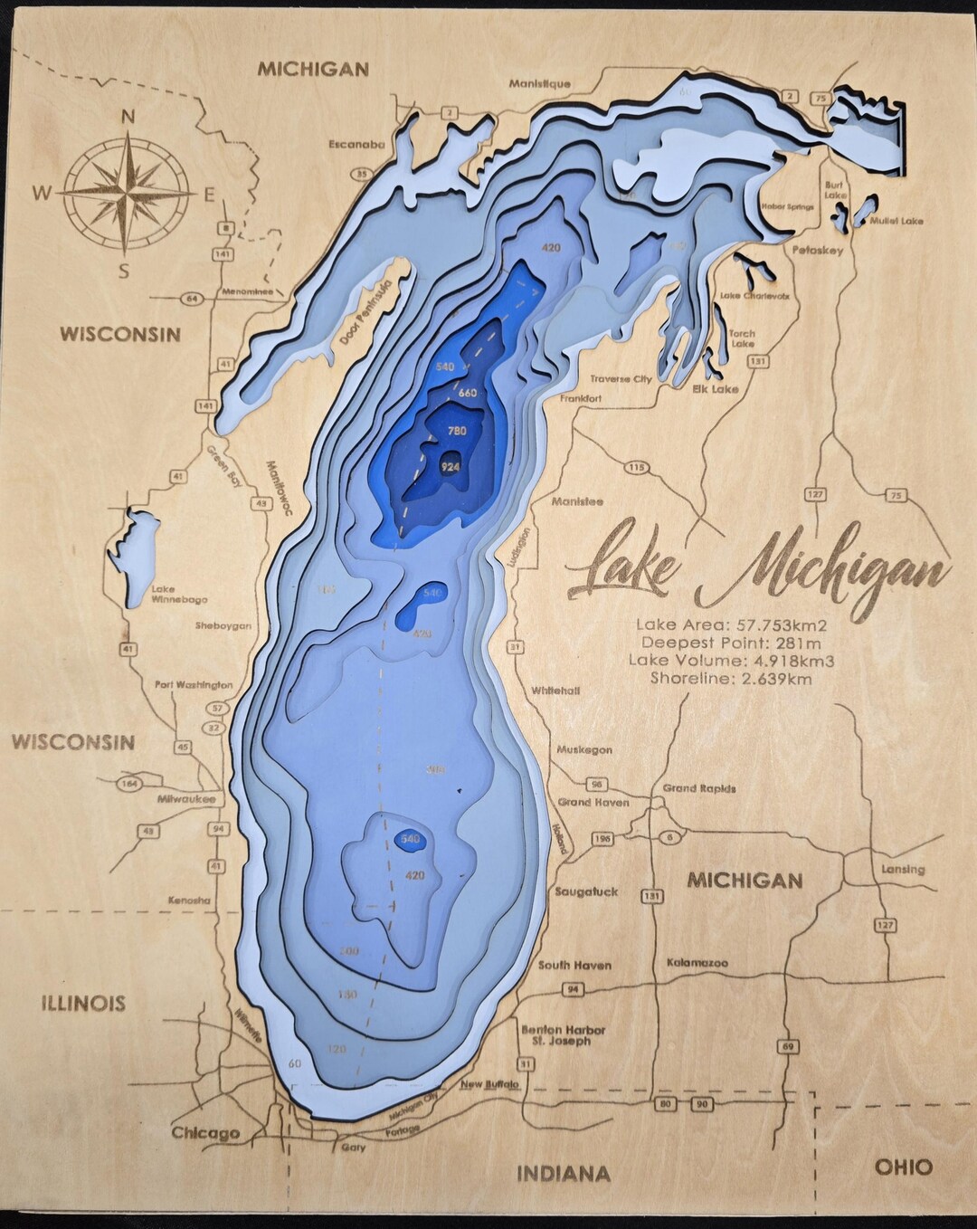 Lake Michigan Wood Map Gift, Lake House Decor, 3D Lake Art, Lake Gift ...