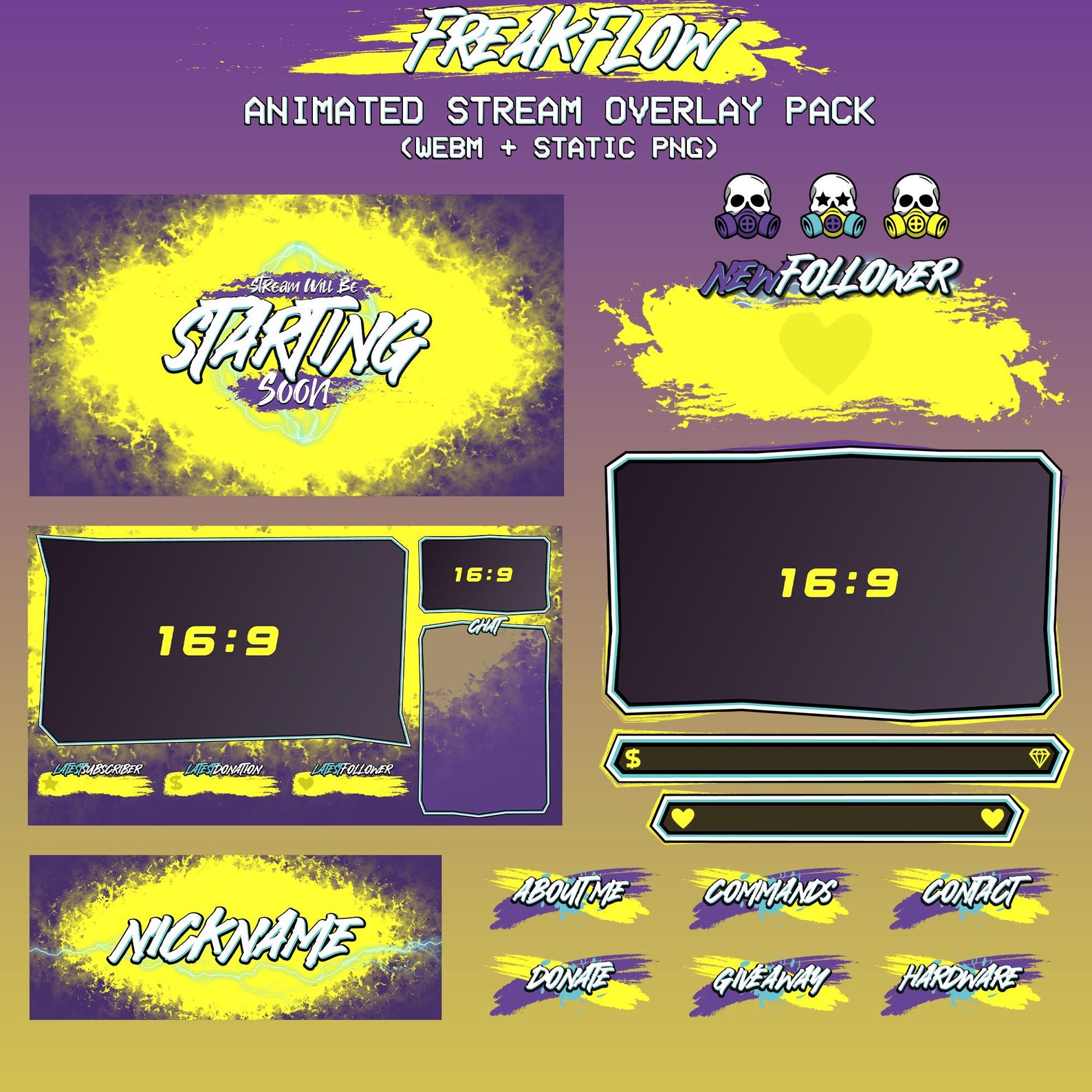 Animated Neon Yellow and Purple Stream Overlay Bundle - Vibrant Modern ...