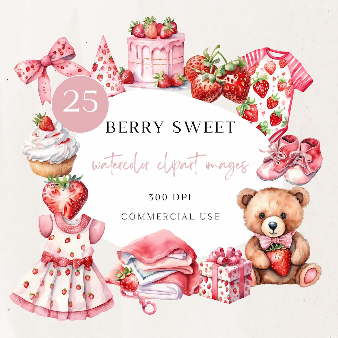 Watercolor Strawberry Clipart: Baby Shower, First Birthday (25 PNG ...
