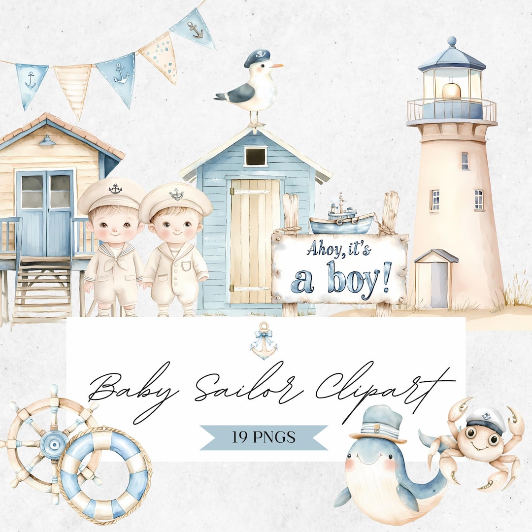 Watercolor Coastal Baby Shower Clipart: Nautical Nursery Art (PNG ...