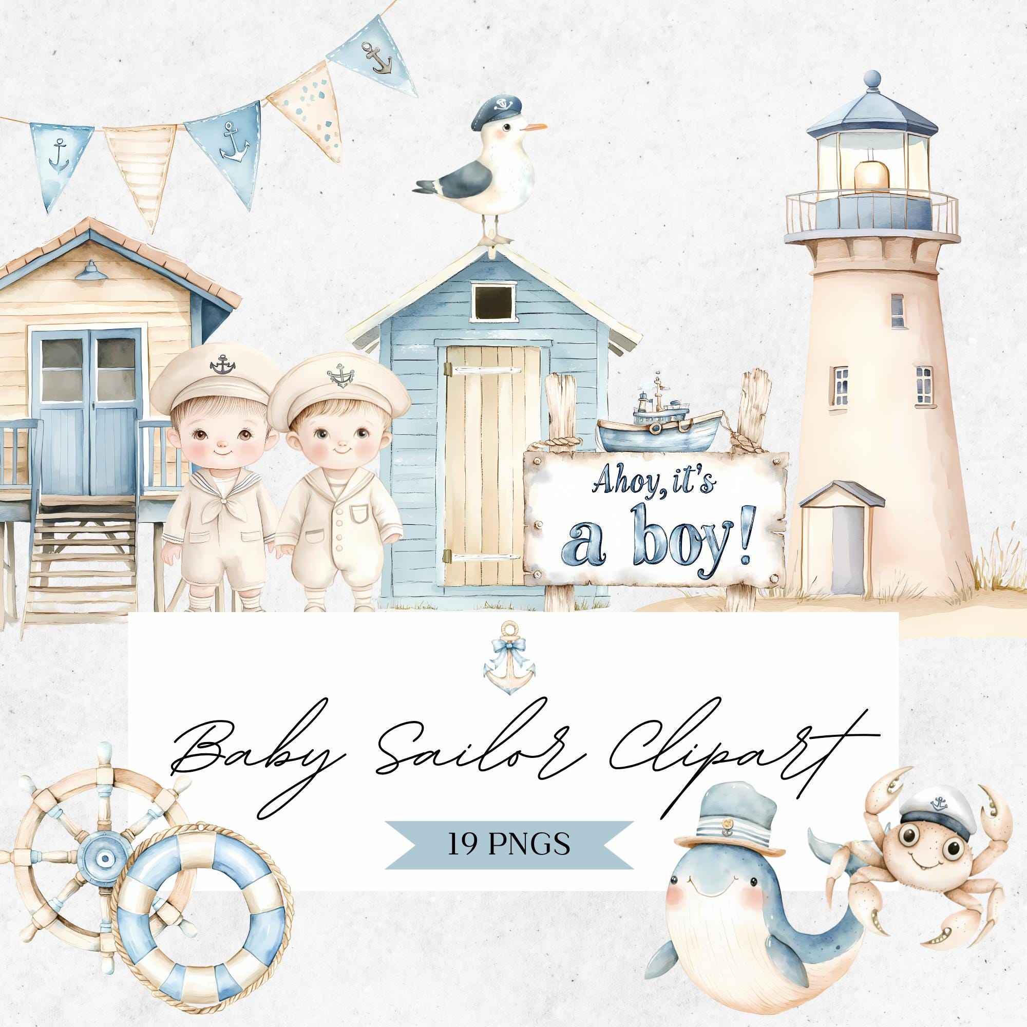 Watercolor Coastal Baby Shower Clipart: Nautical Nursery Art (PNG ...
