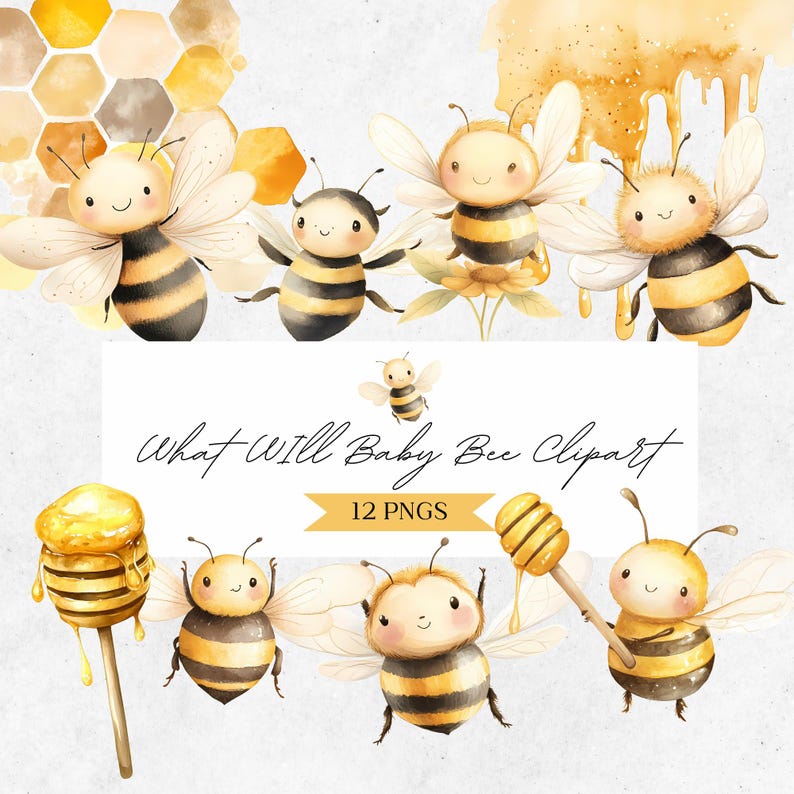 Baby Bee Clipart: Watercolor Gender Reveal PNG (digital Download ...