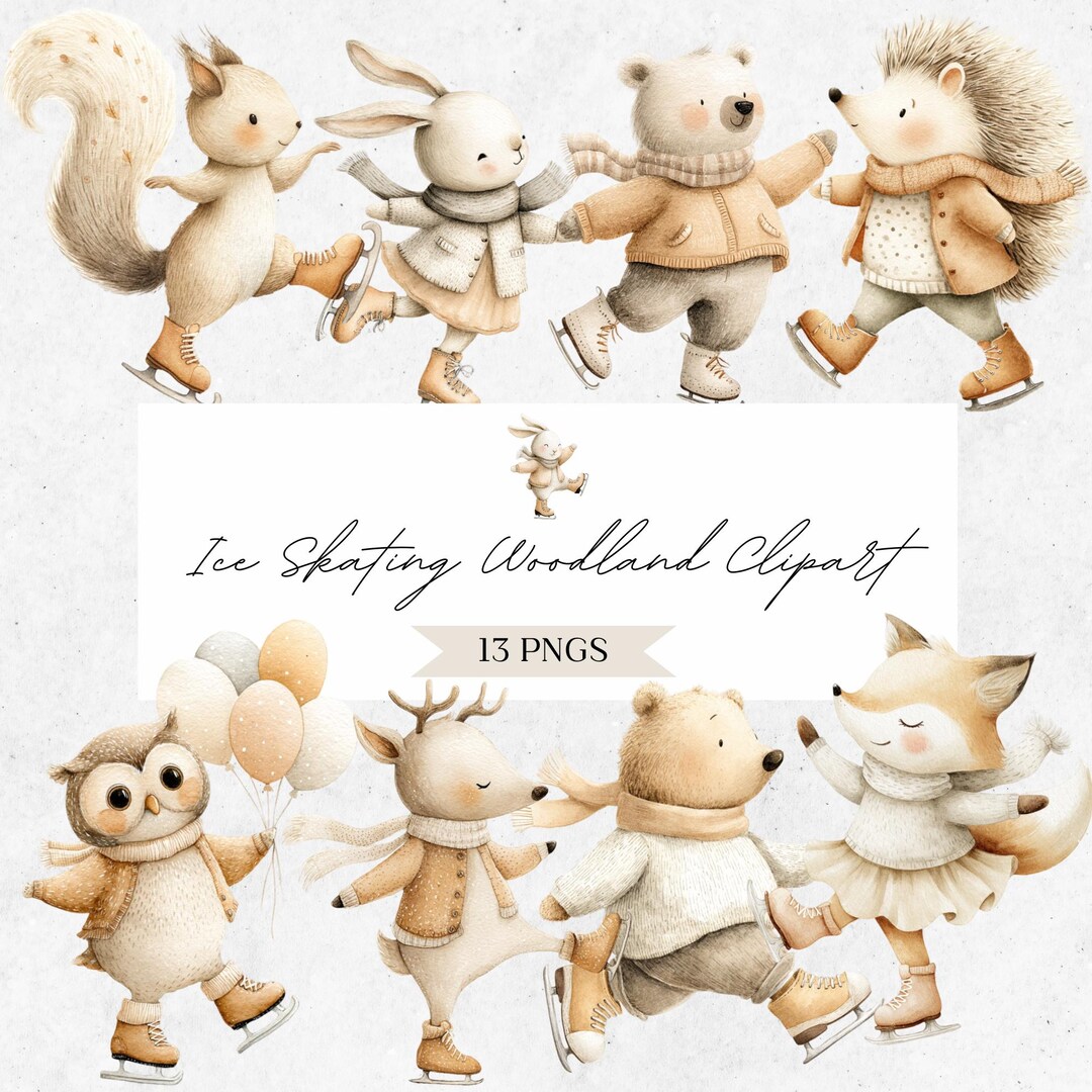 Ice Skating Woodland Clipart - Watercolor Winter Animals Graphics ...