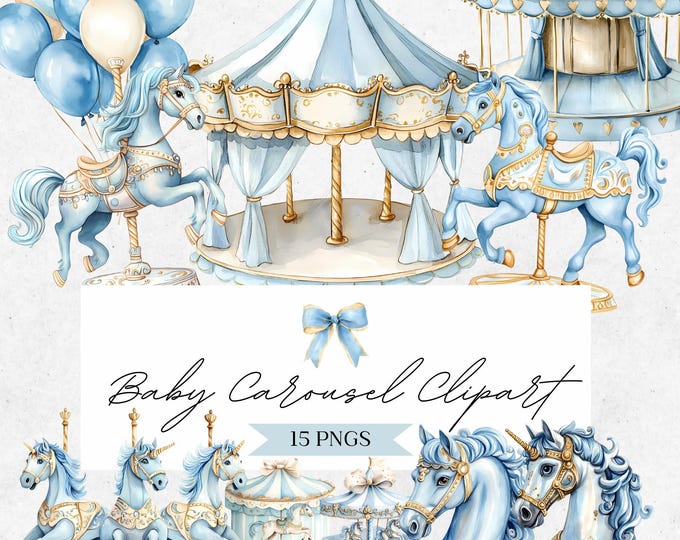 Blue Carousel Watercolor Clipart, Cute Carousel Horse Clip Art, Pony ...