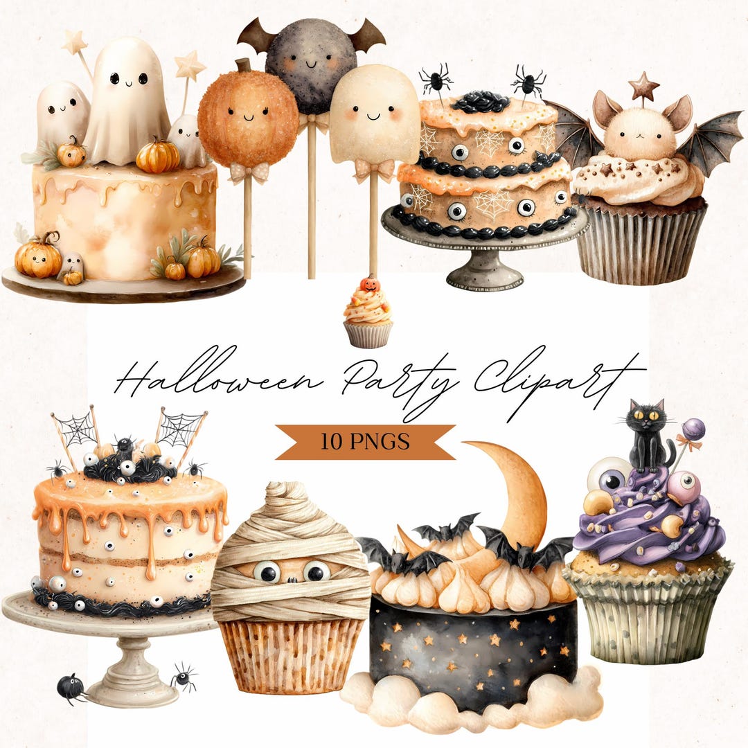 Spooky Ghost Desserts Clipart - Watercolor Cupcake Graphics - Halloween ...