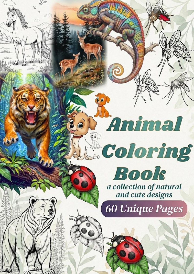 Printable Animal Coloring Book, 60 Unique Pages, Jungle Farm Animals ...