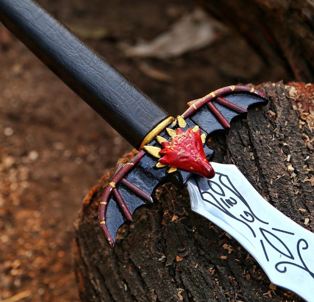 Hand-forged Fantasy Dragon Sword | Engraved Steel Blade With Leather ...