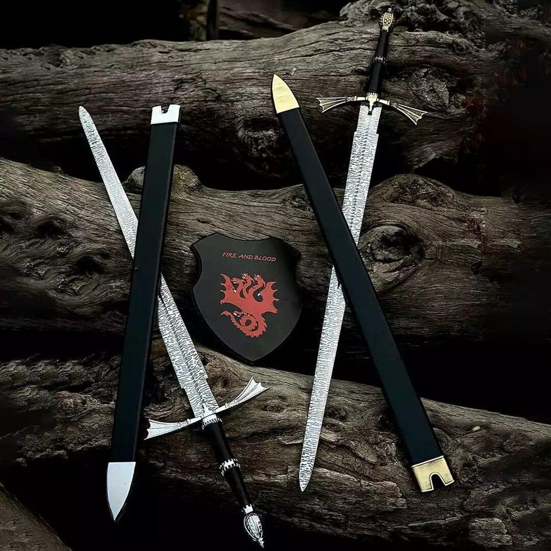 Dark Sisters Damascus Steel Swords Handmade Set of 2 With Wall Mount | Fantasy Decor | Fire and ...