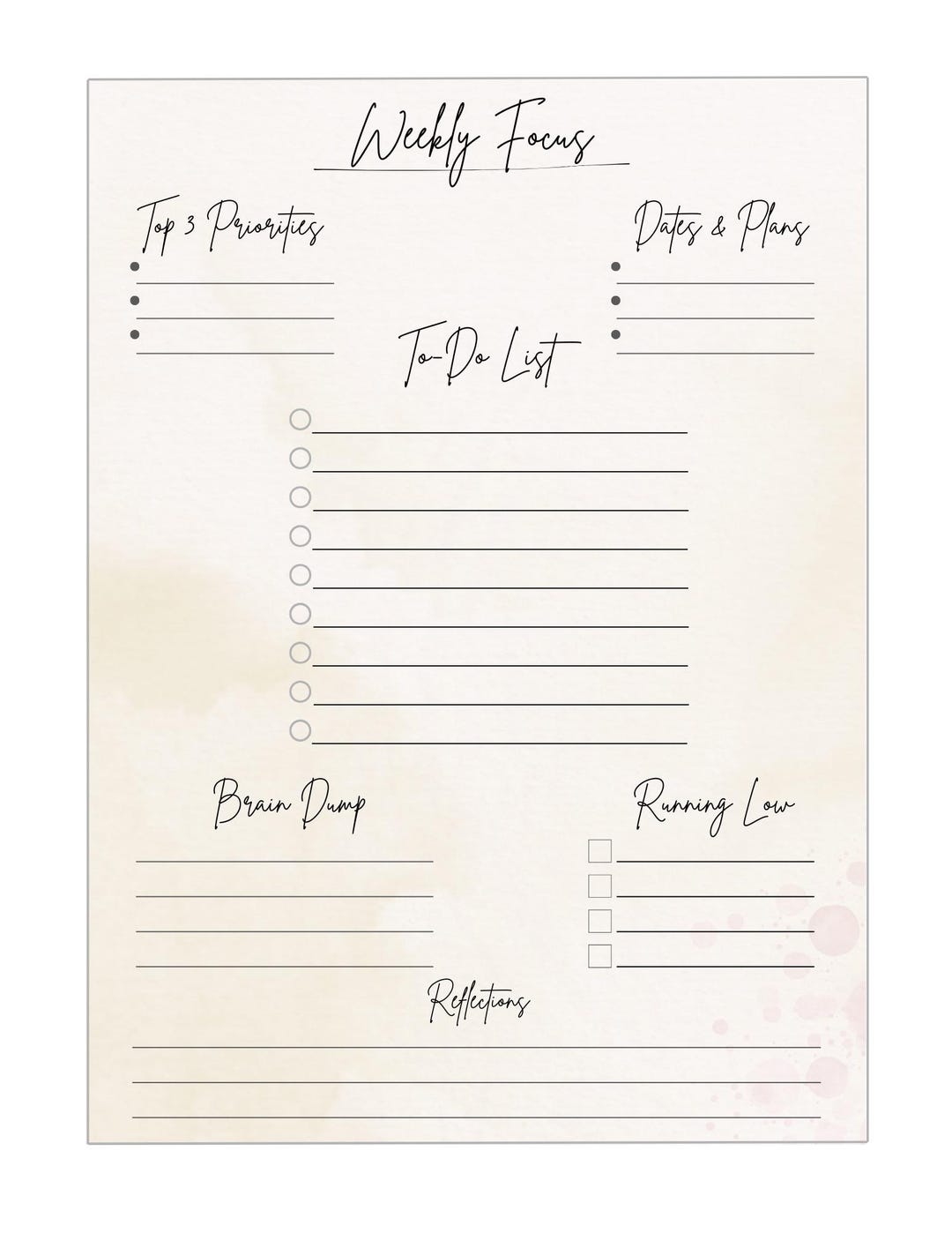 Weekly Focus Planner Printable | Minimal Weekly To-do List | Brain Dump ...
