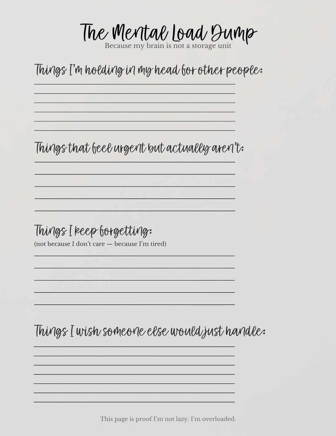 Mental Load Dump Printable | Overwhelmed Brain Relief Worksheet ...