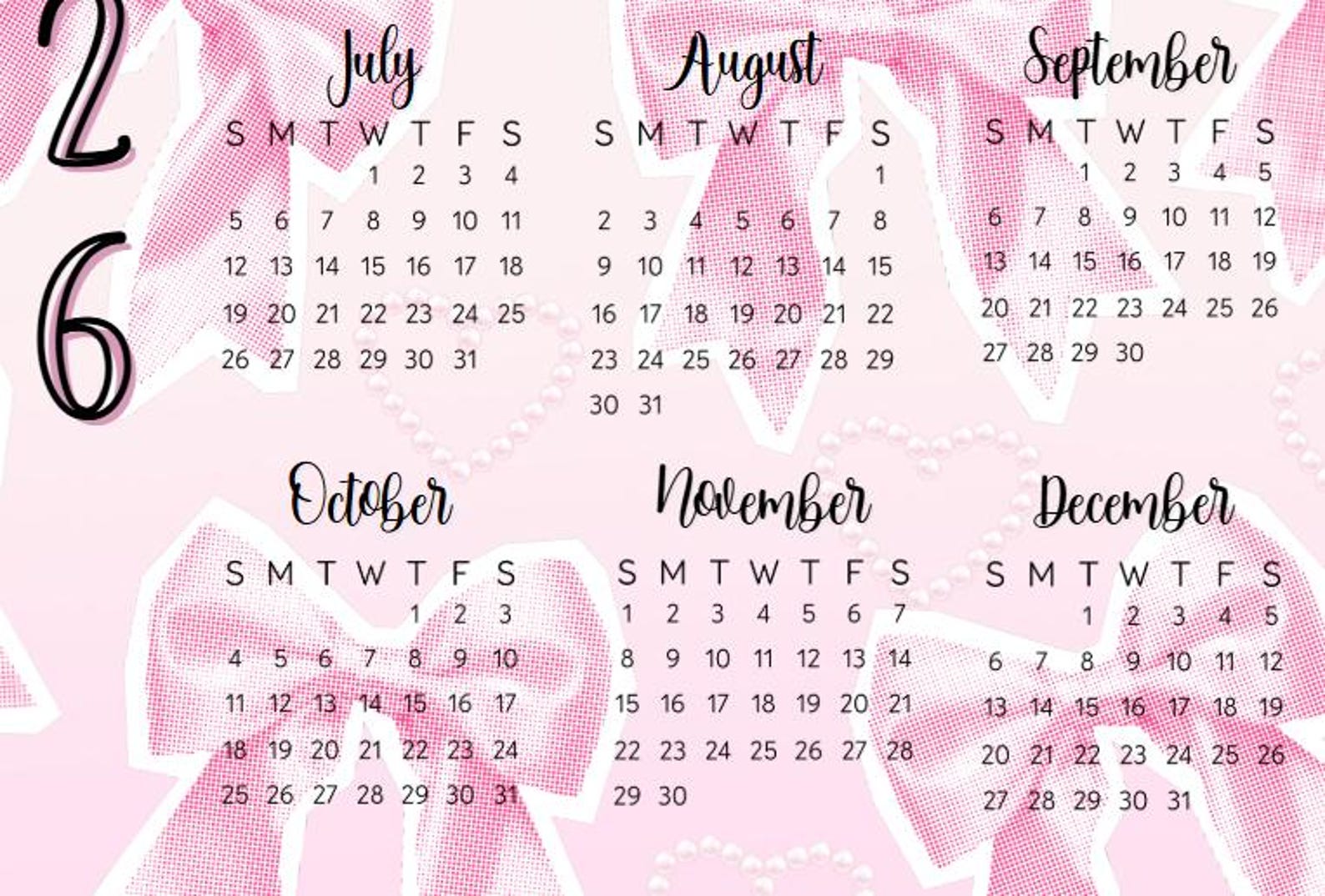 2026 Pink Bow Calendar | Girly Planner Insert (digital Download) - Etsy