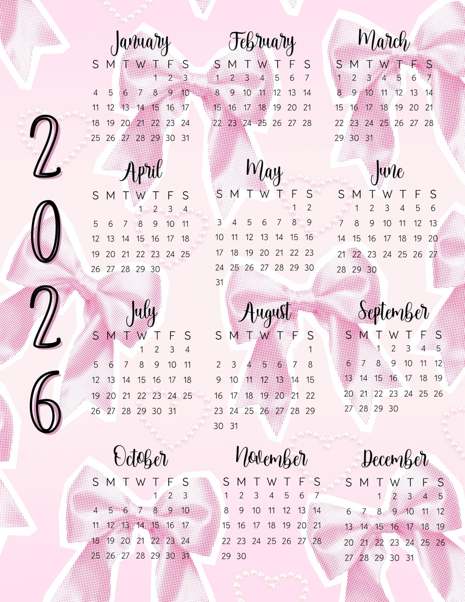 2026 Pink Bow Calendar | Girly Planner Insert (digital Download) - Etsy