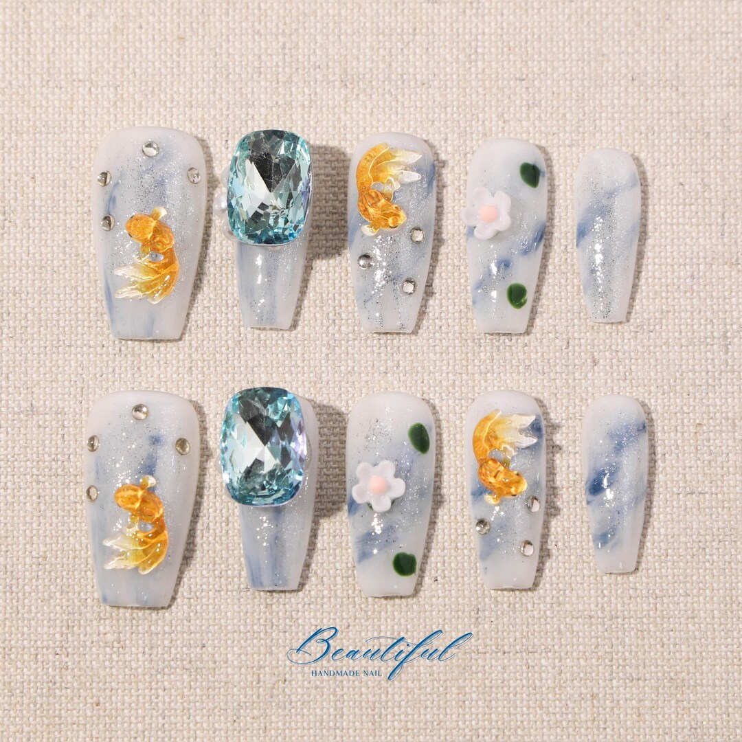 Goldfish Pond Bliss Press on Nails | Koi Floral Acrylic Nails | Serene ...
