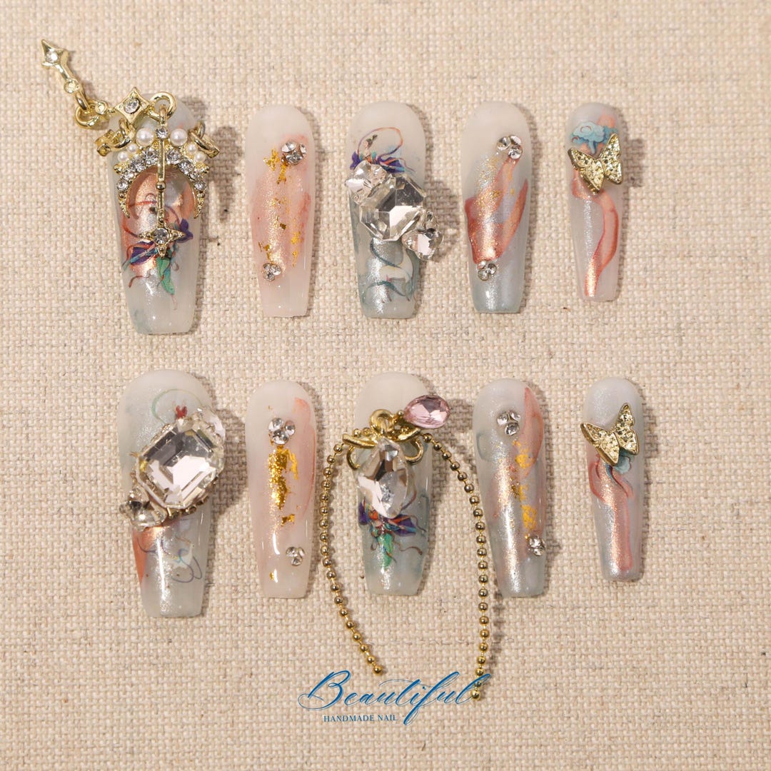 Elysian Press on Nails: 3D Rhinestone, Pearl & Gold - Long Coffin Y2k ...