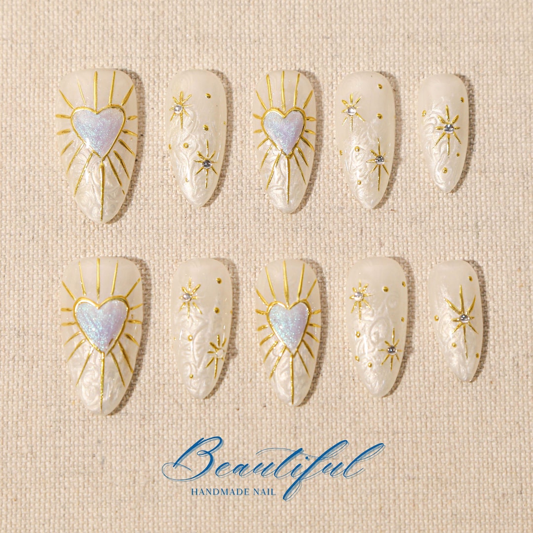 Golden Heart Press on Nails: 3D Starburst Chrome, Y2k Gyaru Nails - Etsy