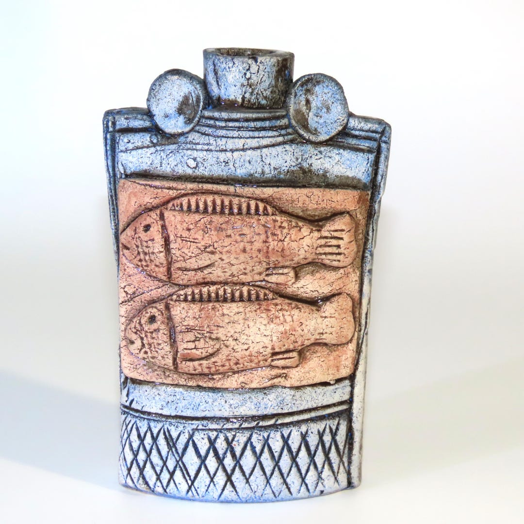Vintage Mats Nyman Studio Pottery Flask: Swedish Fish & Tre Kronor ...