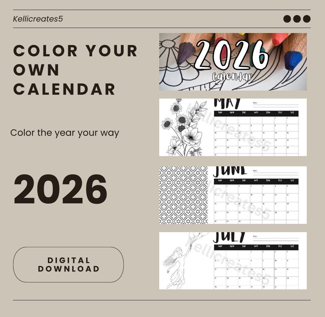2026 Color Your Own Calendar | Printable Coloring Calendar | Black and ...