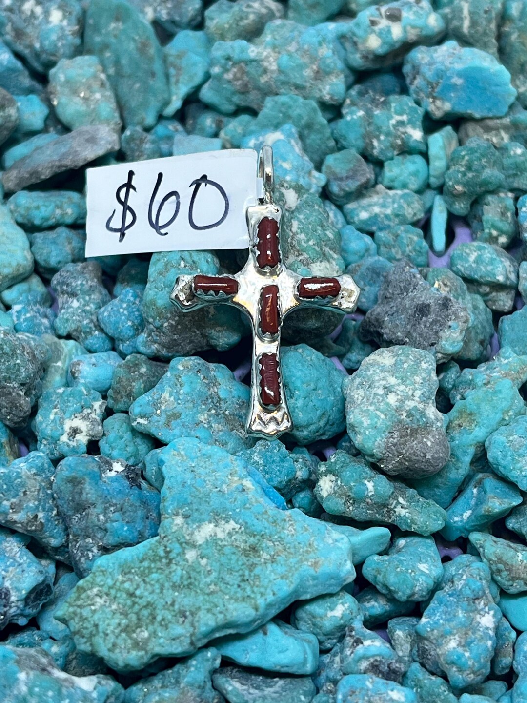 Small Handcrafted Vintage Native American Zuni Red Coral Cross Sterling ...