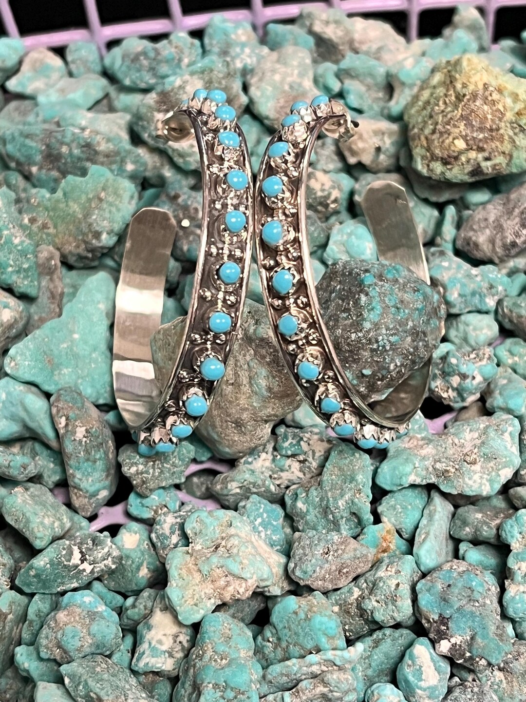 Handcrafted Vintage Turquoise Petit Points Hoop Sterling Silver Post ...