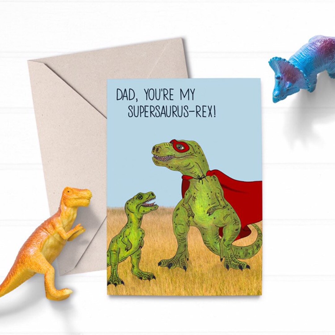 Cute Illustrated T-rex Dinosaur Superhero Dad Fathers Day Card - Etsy