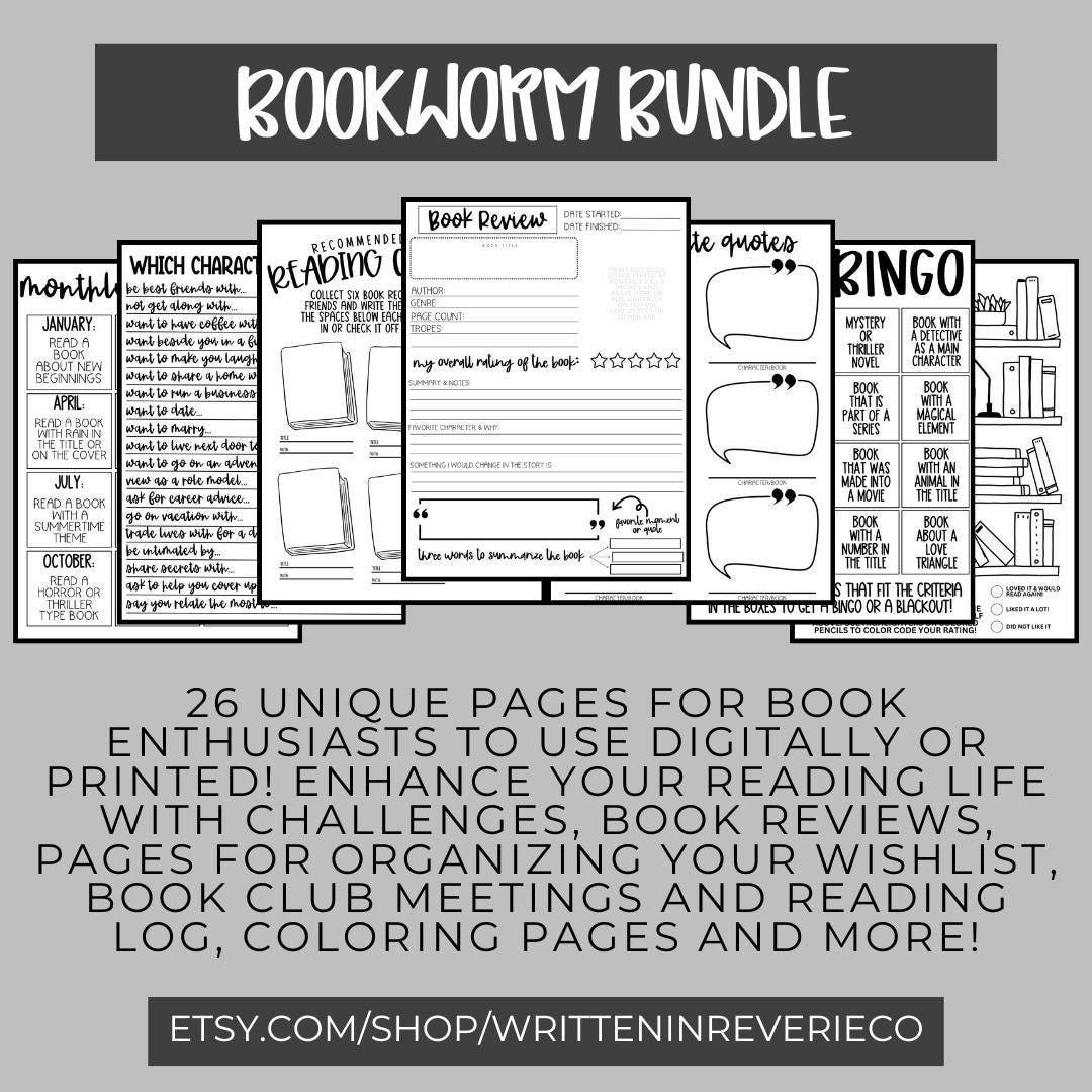 Bookworm Bundle | Adult Reading Journal | Digital Download | 26 Unique ...