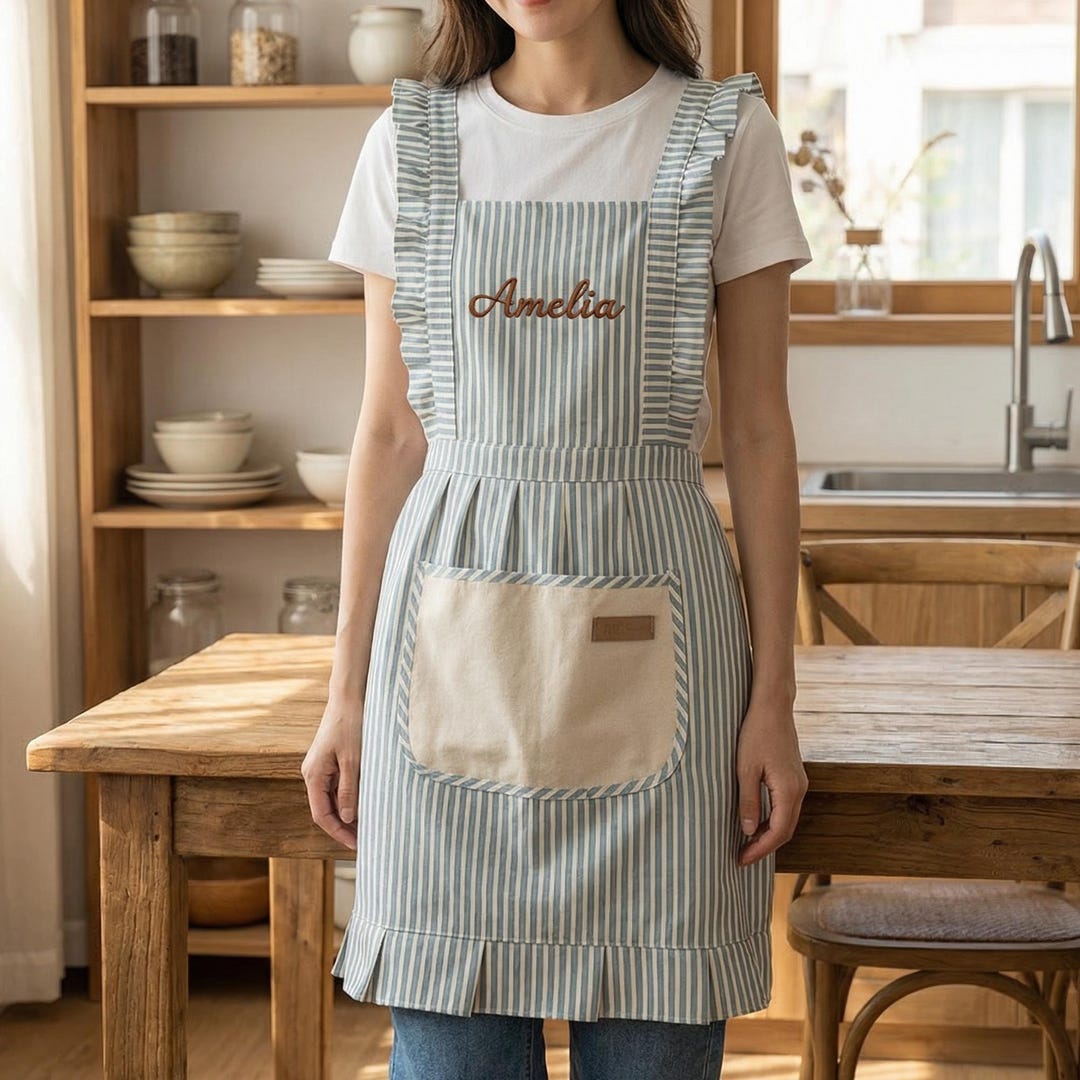 Personalized Linen Striped Apron With Pockets and Wipe, Embroidered ...