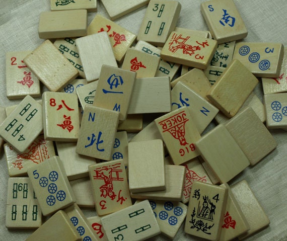 Set of 5 Vintage Painted Wood Mahjong Tiles from the 1940s. | Etsy
