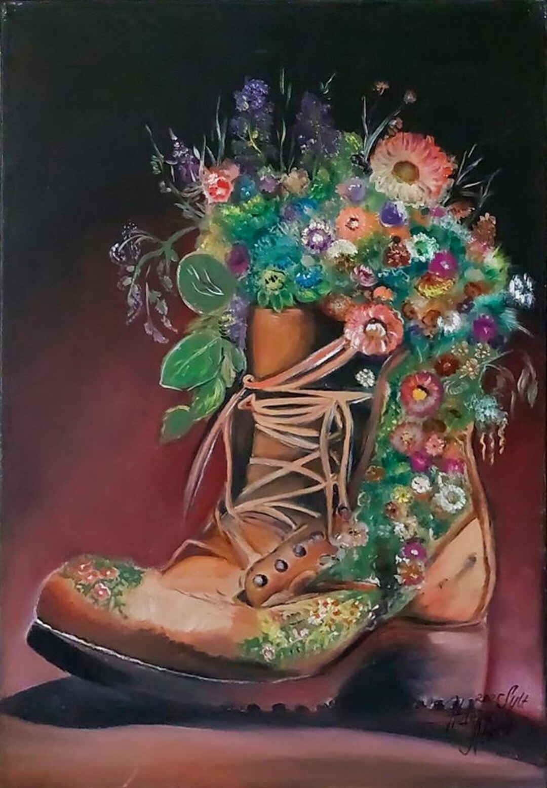Original Oil Painting Boot With Flowers 70x50 Cm, Rustic Floral Art ...