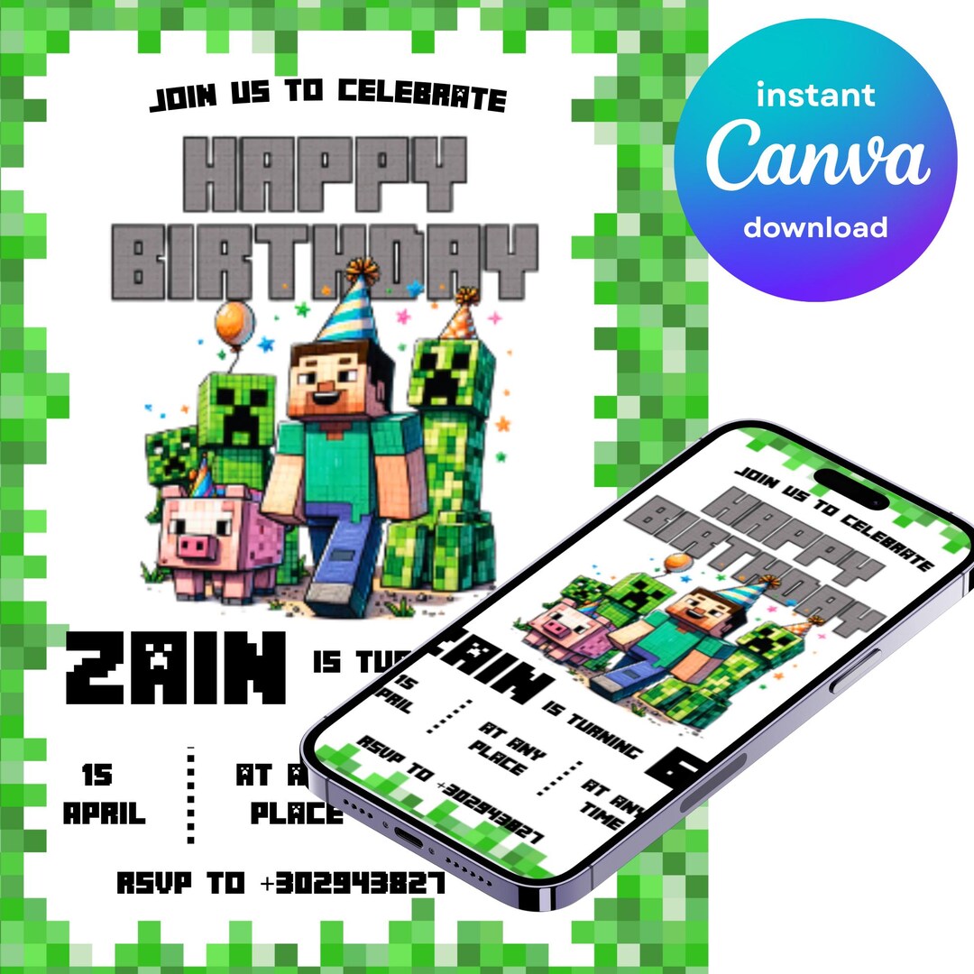 Editable Minecraft Birthday Invitation, Editable Canva - Etsy